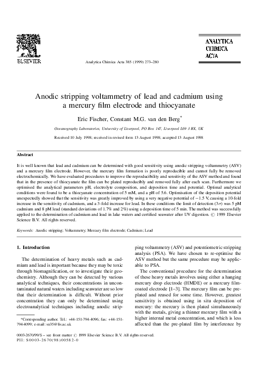 Pdf Anodic Stripping Voltammetry Of Lead And Cadmium Using A Mercury Film Electrode And