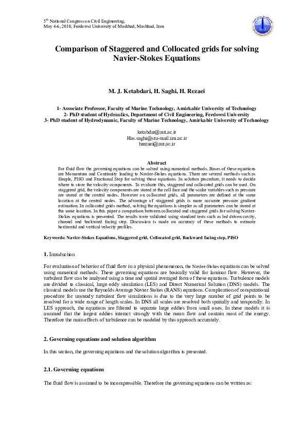 Pdf Comparison Of Staggered And Collocated Grids For Solving Navier Stokes Equations