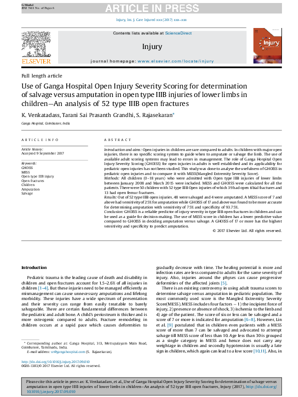 (PDF) Use of Ganga Hospital Open Injury Severity Scoring for ...