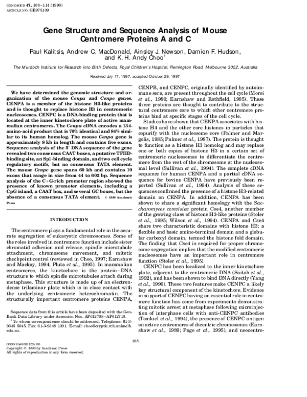 (PDF) Gene Structure and Sequence Analysis of Mouse Centromere Proteins ...