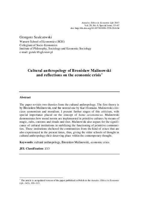 (PDF) Cultural anthropology of Bronisław Malinowski and reflections on ...