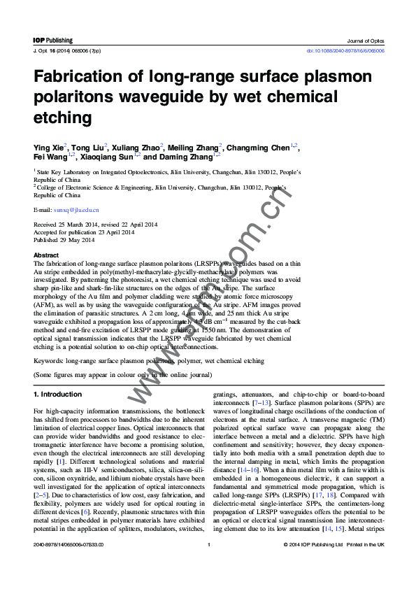 (PDF) Fabrication of long-range surface plasmon polaritons waveguide by wet chemical etching