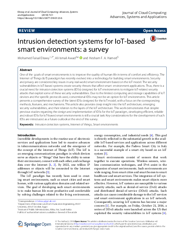 Pdf Intrusion Detection Systems For Iot Based Smart Environments A