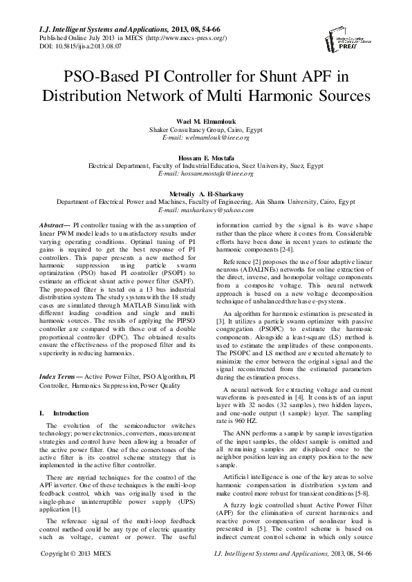 Pdf Pso Based Pi Controller For Shunt Apf In Distribution Network Of