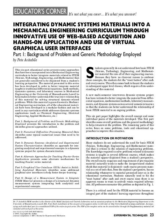 (PDF) INTEGRATING DYNAMIC SYSTEMS MATERIALS INTO A MECHANICAL ENGINEERING CURRICULUM THROUGH ...