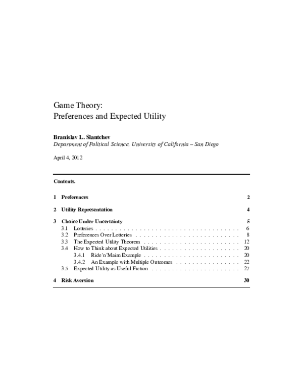 (PDF) Game Theory: Preferences and Expected Utility