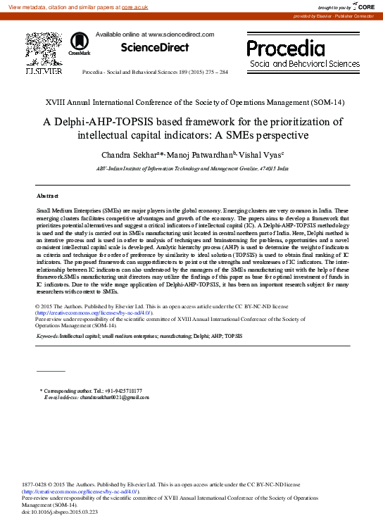 Pdf A Delphi Ahp Topsis Based Framework For The Prioritization Of Intellectual Capital
