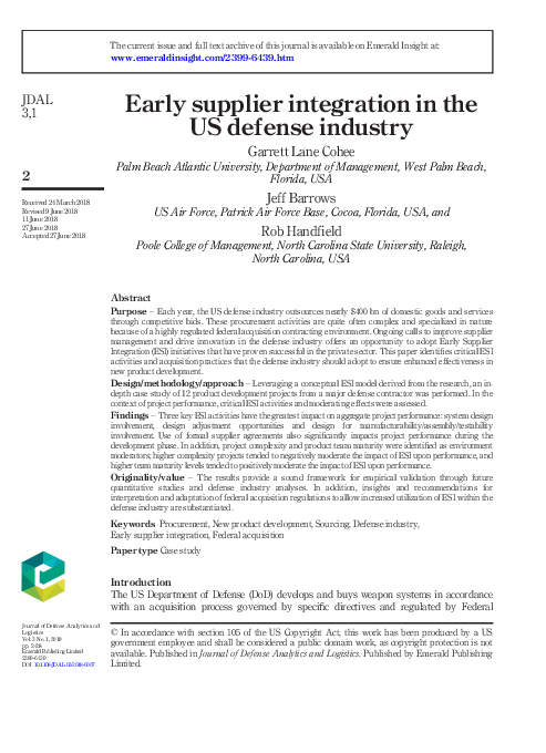 (PDF) Early supplier integration in the US defense industry
