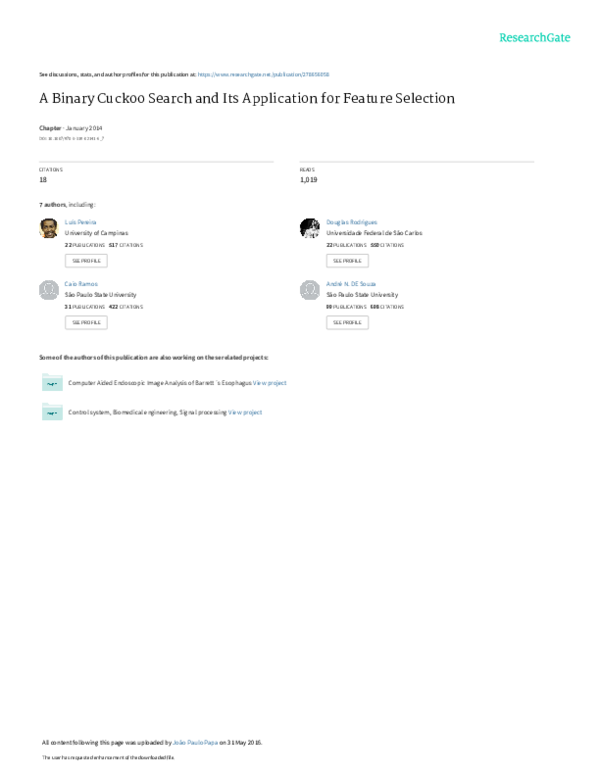 (PDF) A binary cuckoo search and its application for feature selection (PDF) A binary cuckoo search and its application for feature selection