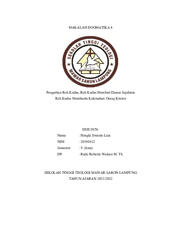 (DOC) MAKALAH TENTANG ROH KUDUS DAN JENIS JENIS PERANANNYA