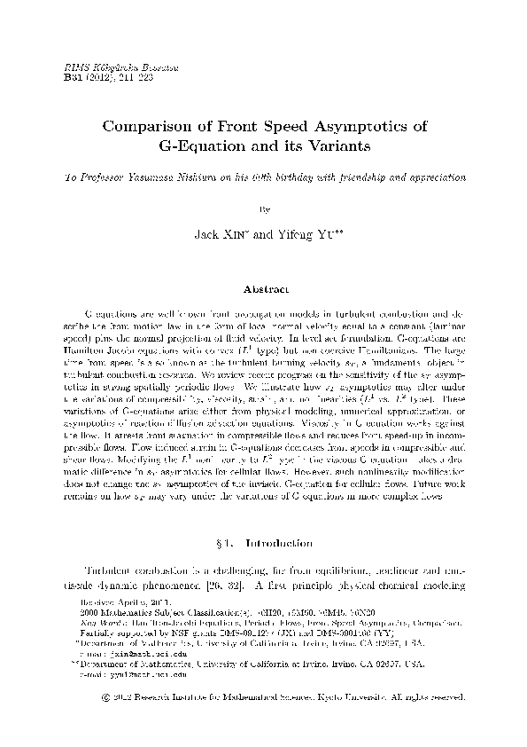 (PDF) Comparison of Front Speed Asymptotics of G-Equation and its Variants : To Professor ...