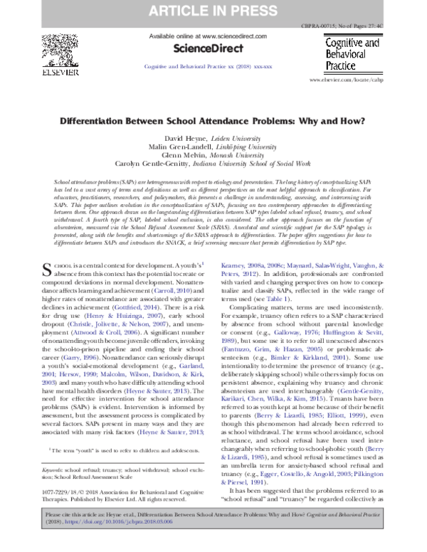 (PDF) Differentiation Between School Attendance Problems: Why and How?