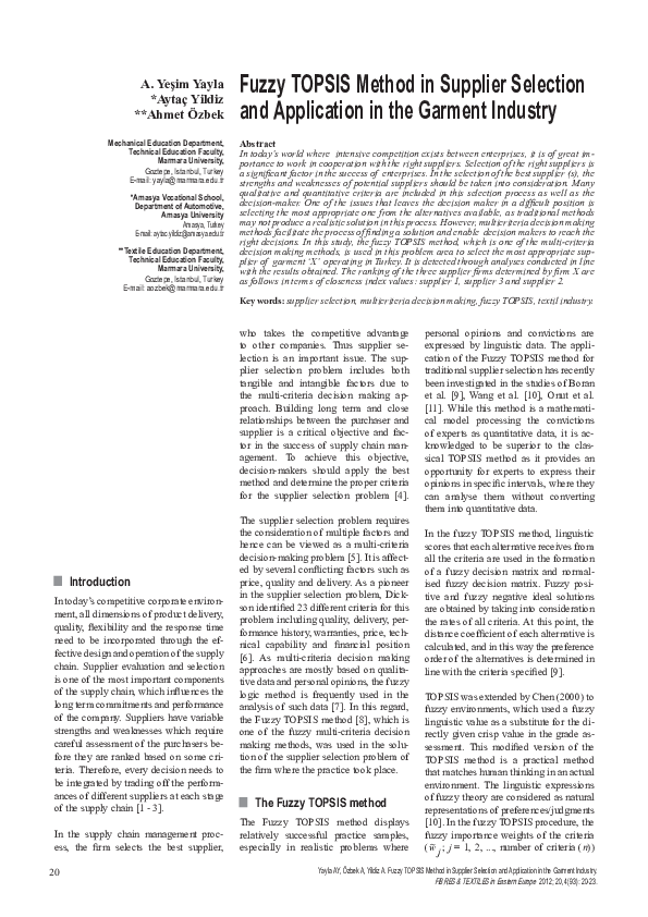 Pdf Fuzzy Topsis Method In Supplier Selection And Application In The