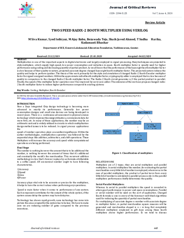 Pdf Two Speed Radix 2 Booth Multiplier Using Verilog