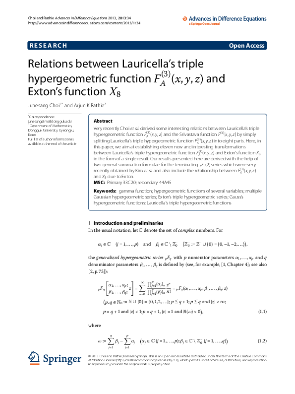 (PDF) Relations between Lauricella’s triple hypergeometric function FA ...