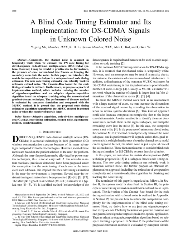 (PDF) Blind Code Timing Estimator for DS-CDMA