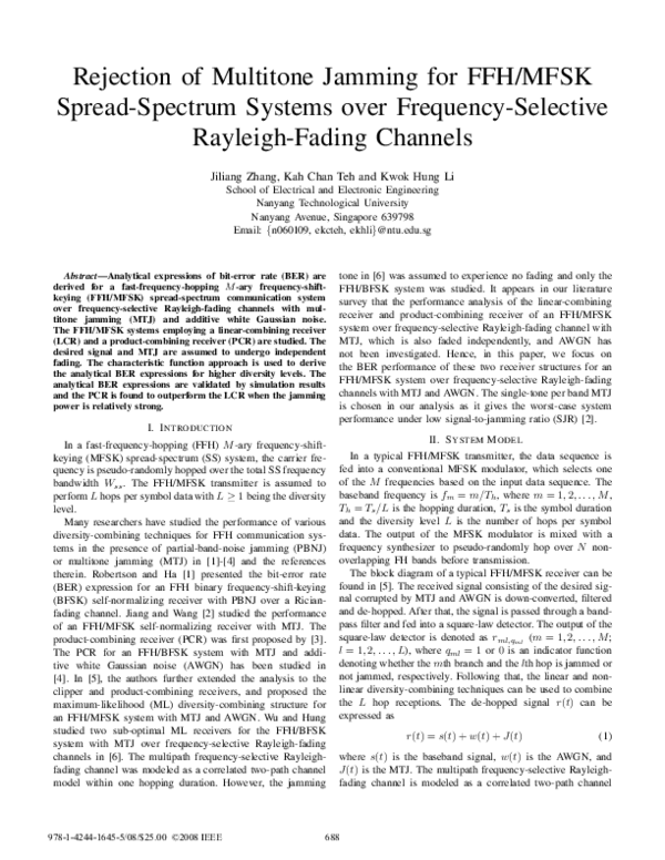 (PDF) Mitigating Multitone Jamming in FFH/MFSK Systems