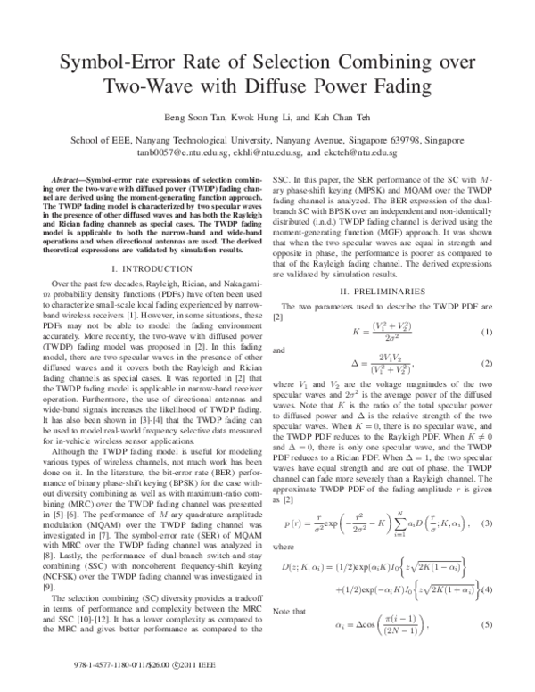 (PDF) Symbol-error rate of selection combining over two-wave with diffuse power fading | Kwok ...
