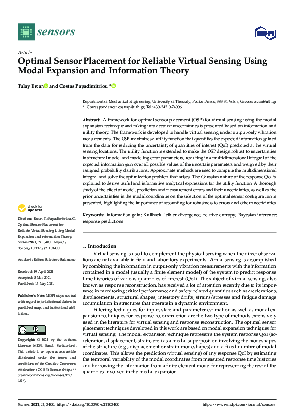(PDF) Optimal Sensor Placement for Reliable Virtual Sensing