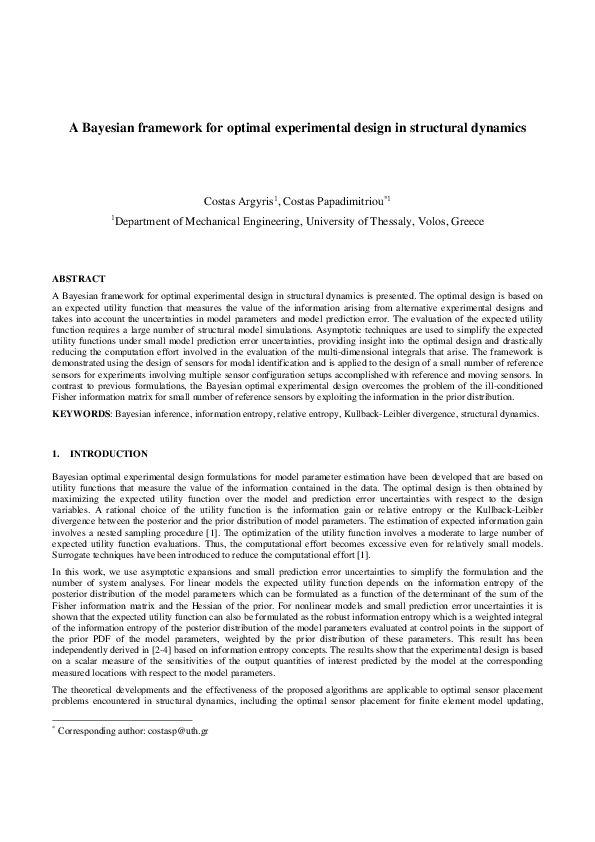 Pdf A Bayesian Framework For Optimal Experimental Design In Structural Dynamics