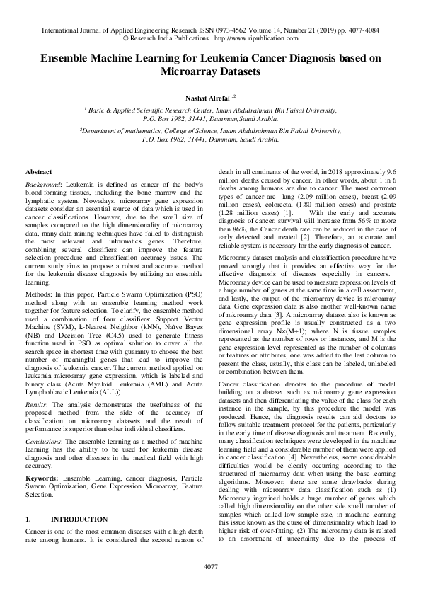 (PDF) Ensemble Machine Learning for Leukemia Cancer Diagnosis based on Microarray Datasets