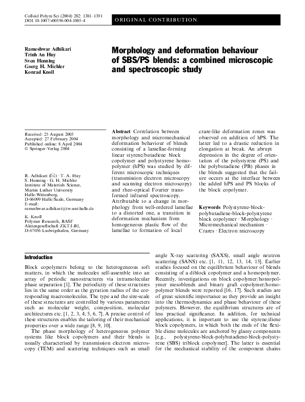 (PDF) Morphology and deformation behaviour of SBS/PS blends: a combined ...