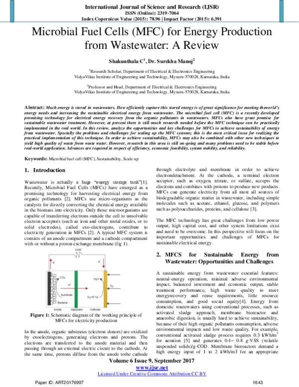 (PDF) Microbial Fuel Cells ( MFC ) for Energy Production from Wastewater : A Review