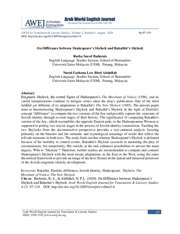 (PDF) On Différance between Shakespeare’s Shylock and Bakathir’s Shylock