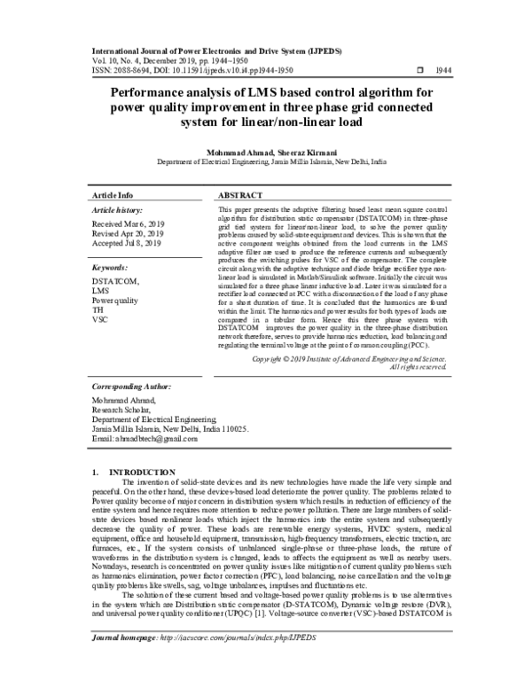 Pdf Performance Analysis Of Lms Based Control Algorithm For Power Quality Improvement In Three