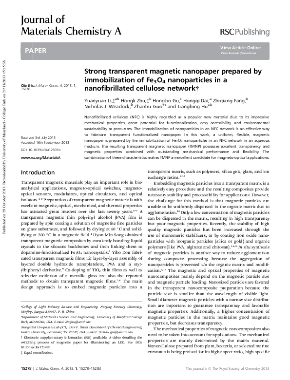 (PDF) Strong transparent magnetic nanopaper prepared by immobilization ...