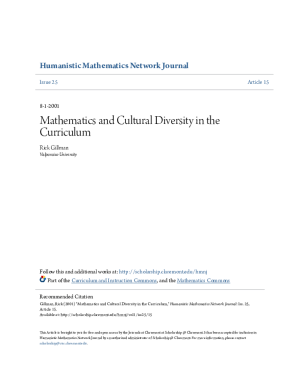 (PDF) Mathematics and Cultural Diversity in the Curriculum