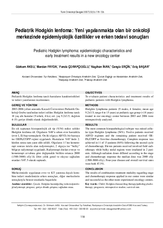 (PDF) Pediatrik Hodgkin lenfoma: Yeni yapılanmakta olan bir onkoloji merkezinde epidemiyolojik ...