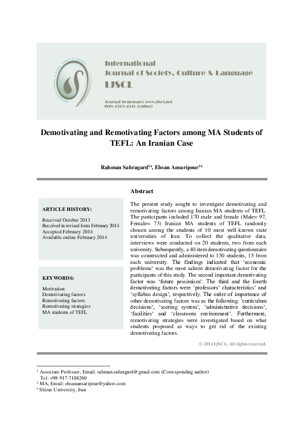 (PDF) Demotivating and Remotivating Factors among MA Students of TEFL ...