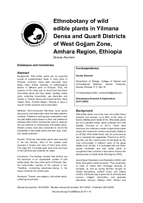 (PDF) Ethnobotany of wild edible plants in Yilmana Densa and Quarit ...