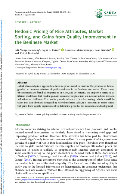 (PDF) Hedonic Pricing of Rice Attributes, Market Sorting, and Gains ...