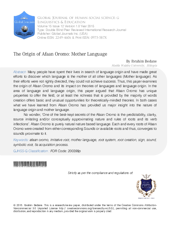 (PDF) The Origin of Afaan Oromo: Mother Language