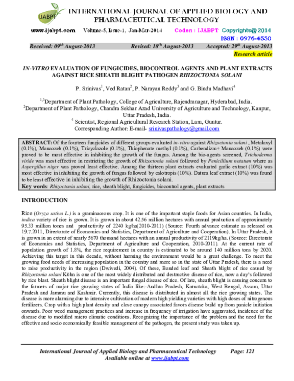 (PDF) In-Vitro Evaluation of Fungicides, Biocontrol Agents and Plant Extracts Against Rice ...