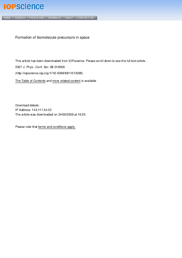 (PDF) Formation of biomolecule precursors in space