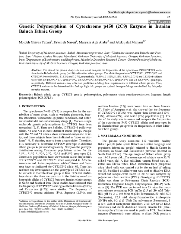 (PDF) Genetic Polymorphism of Cytochrome p450 (2C9) Enzyme in Iranian Baluch Ethnic Group
