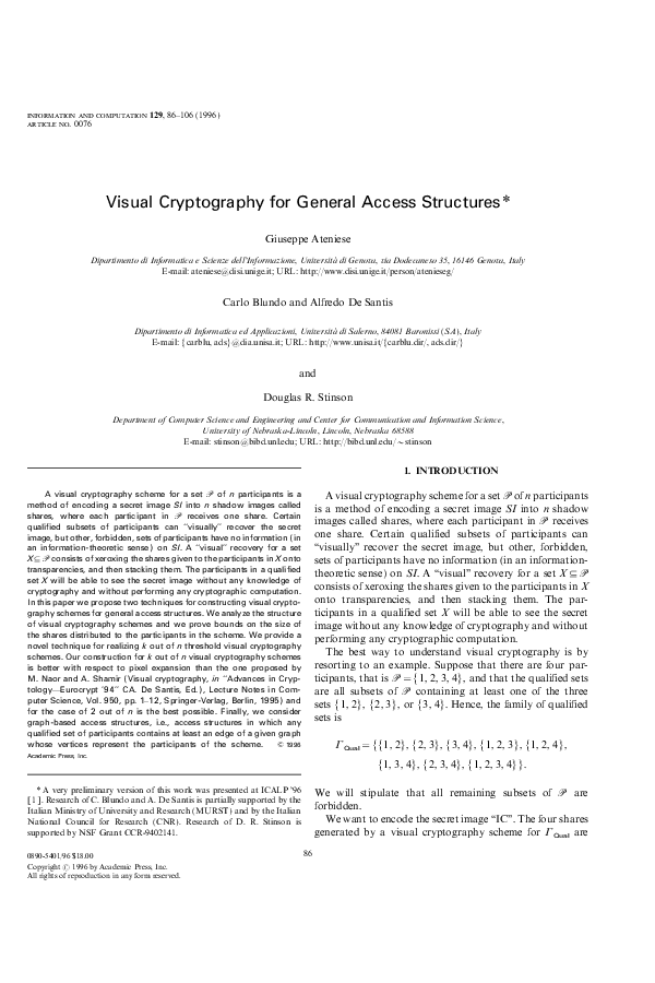 Pdf Visual Cryptography For General Access Structures 1 Carlo