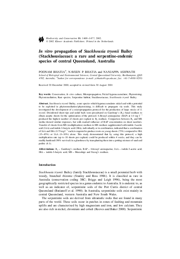 (PDF) In vitro propagation of Stackhousia tryonii Bailey ...