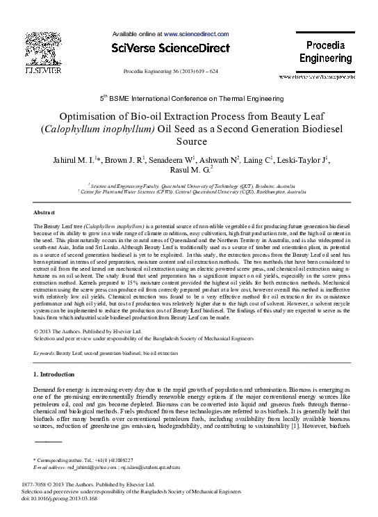 (PDF) Optimisation of Bio-Oil Extraction Process from Beauty Leaf ...