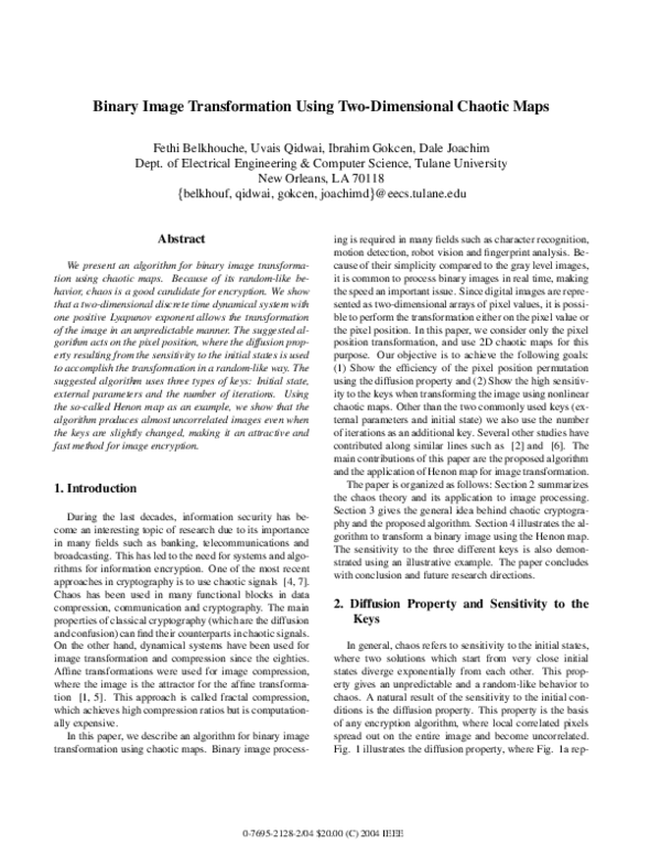 Pdf Binary Image Transformation Using Two Dimensional Chaotic Maps