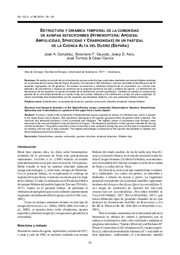 (PDF) Estructura y dinámica temporal de la comunidad de avispas esfeciformes (Hymenoptera ...