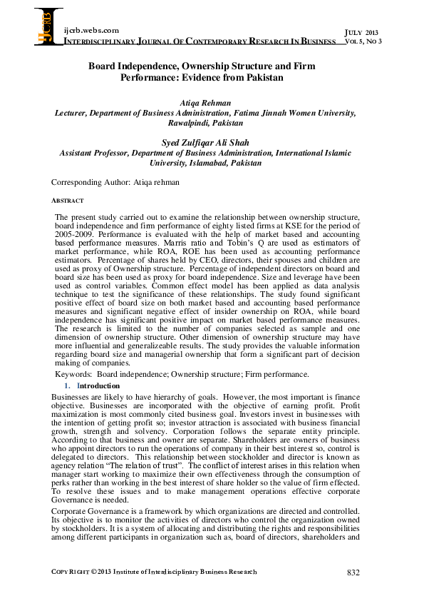 (PDF) Board Independence , Ownership Structure and Firm Performance ...