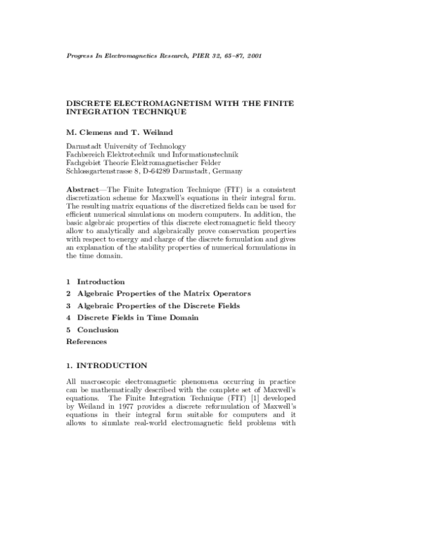 Pdf Discrete Electromagnetism With The Finite Integration Technique