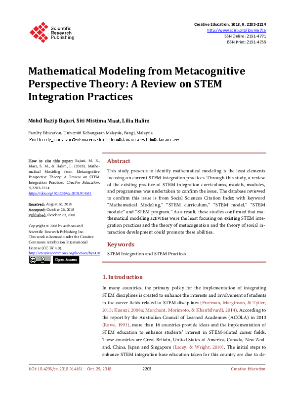 (PDF) Mathematical Modeling from Metacognitive Perspective Theory: A Review on STEM Integration ...