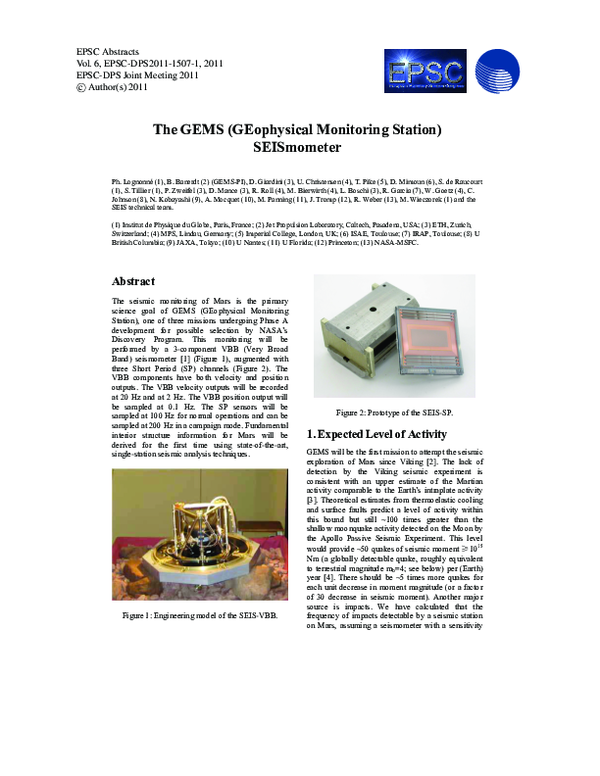 (PDF) The GEMS (GEophysical Monitoring Station) SEISmometer