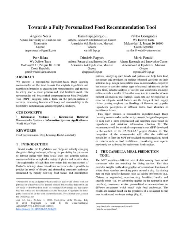 (PDF) Towards a fully personalized food recommendation tool | Maria ...