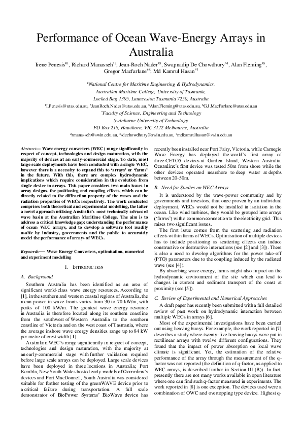 (PDF) Performance of ocean wave-energy arrays in Australia
